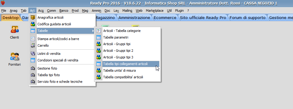 Tabella tipi collegamenti articoli - Ready Pro - Manuale utente
