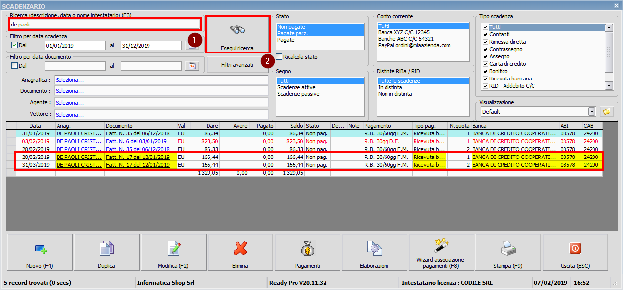 Banca di appoggio clienti e fornitori sullo scadenzario - Ready Pro ...