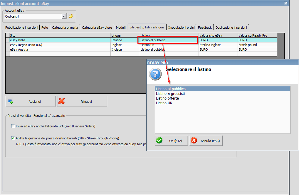 Configurazione del listino di vendita da utilizzare su eBay - Ready Pro ...