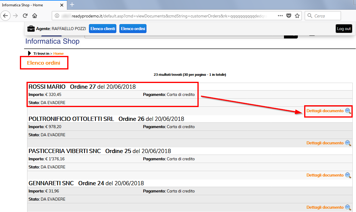 Consentire ad un agente di consultare gli ordini dei propri clienti ...