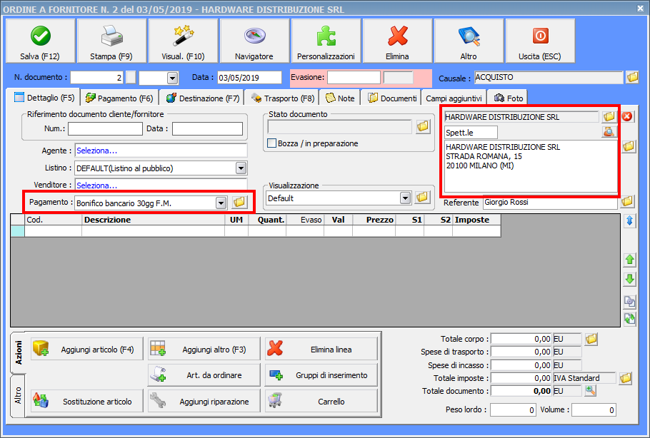 Esempio di creazione di un ordine a fornitore - Ready Pro - Manuale utente