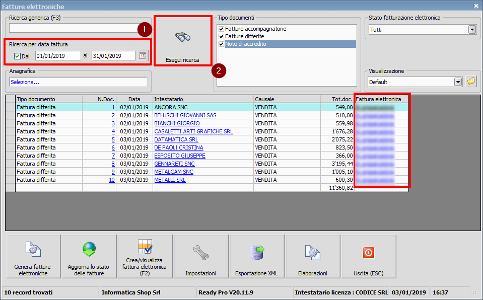 Esportazione massiva dei file XML generati - Ready Pro - Manuale utente