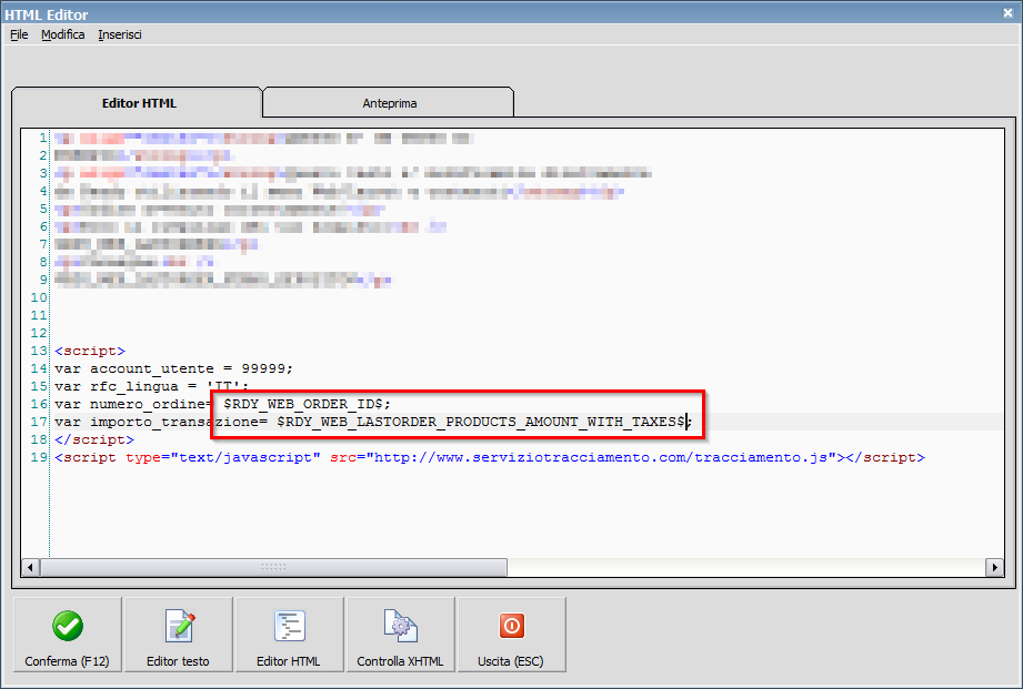 Inserire uno script nella pagina di conferma ordine - Ready Pro - Manuale utente