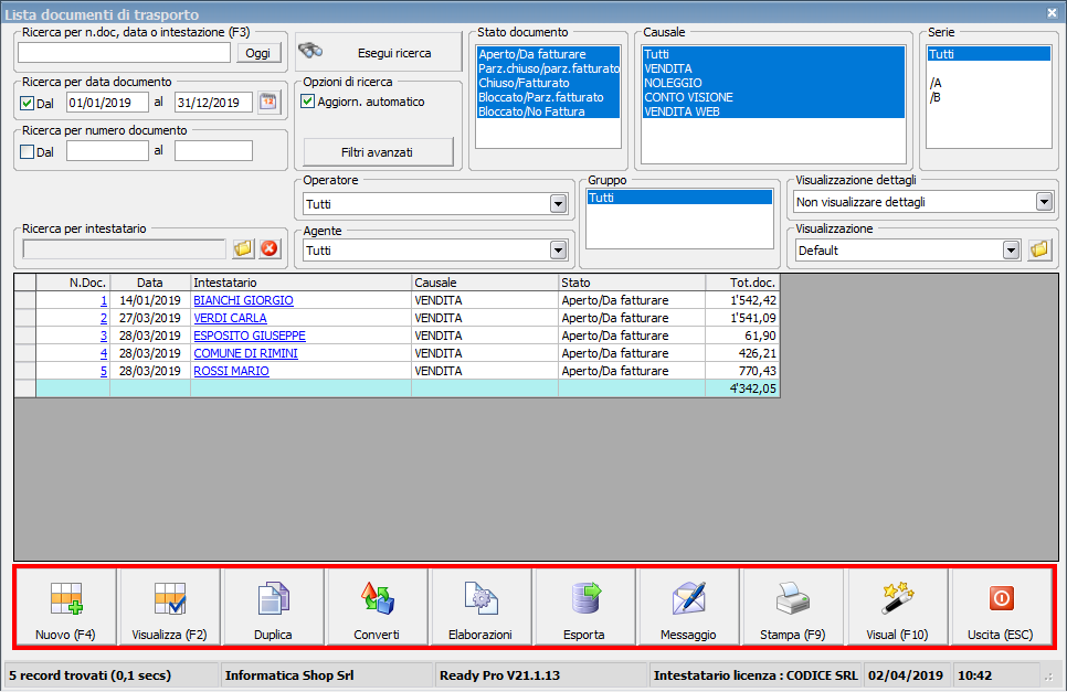 Lista documenti - Zona inferiore - Ready Pro - Manuale utente