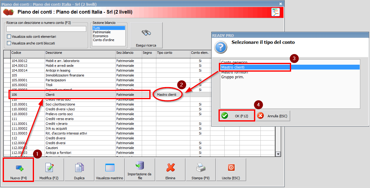 Codici di conto Mastro clienti e fornitori - Ready Pro - Manuale utente