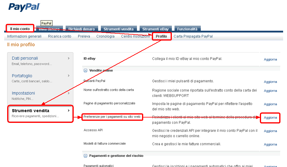 PayPal : attivazione ritorno automatico e PDT - Ready Pro - Manuale utente