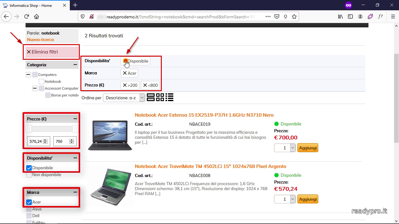 Ricerca con filtri dinamici (faceted search) - Ready Pro - Manuale utente