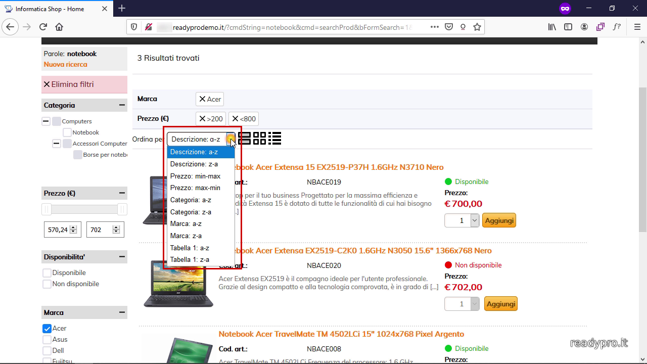 Ricerca con filtri dinamici (faceted search) - Ready Pro - Manuale utente