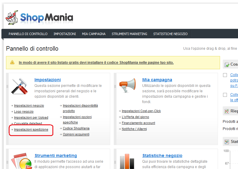 Shopmania - Configurazione spese di trasporto - Ready Pro - Manuale utente
