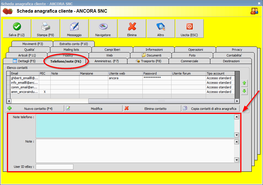Telefono/note - Scheda anagrafica - Ready Pro - Manuale utente