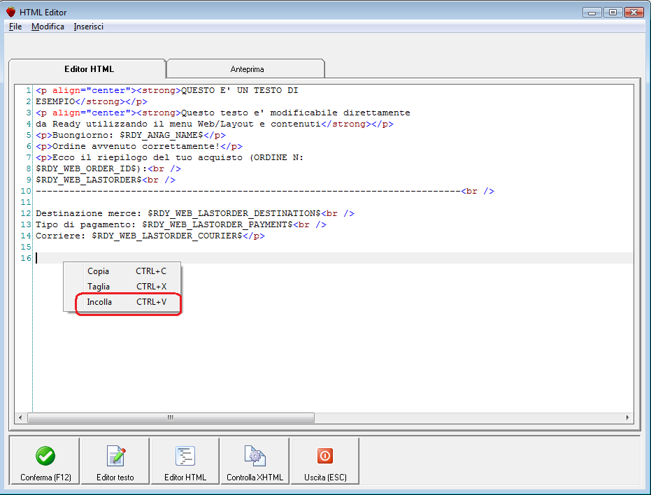 Inserire uno script nella pagina di conferma ordine - Ready Pro - Manuale utente
