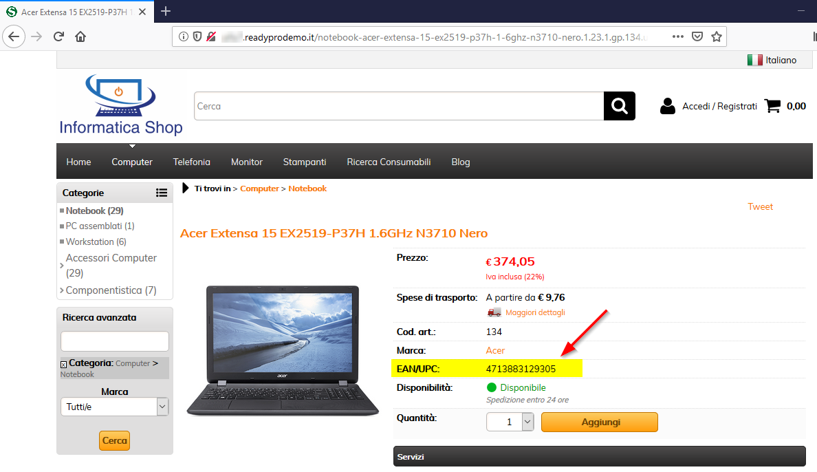 Visualizzare il codice a barre nella scheda articolo - Ready Pro - Manuale utente