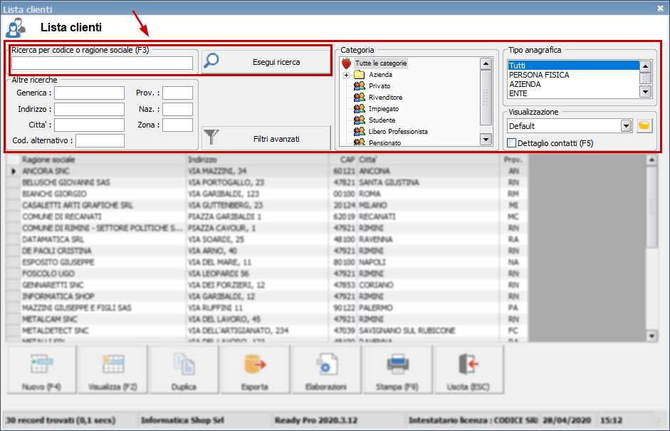 Zona superiore - Ricerca e filtri - Ready Pro - Manuale utente