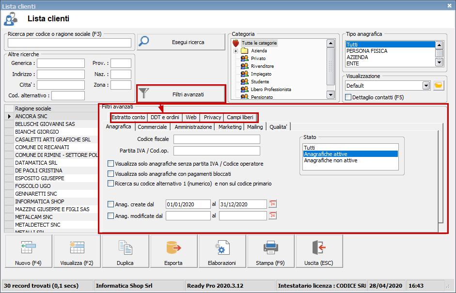 Zona superiore - Ricerca e filtri - Ready Pro - Manuale utente