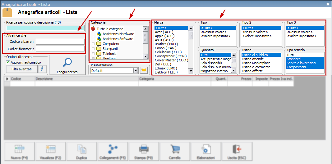 Zona superiore - Ricerca e filtri - Ready Pro - Manuale utente