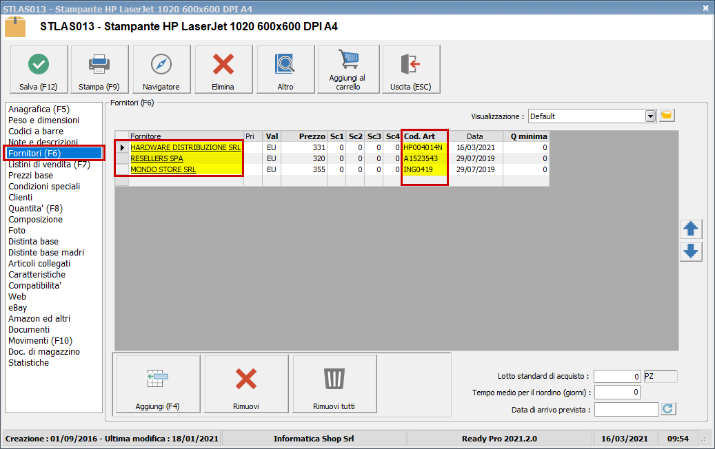 Codice articolo interno, codice fornitore e codice produttore - Ready Pro - Manuale utente