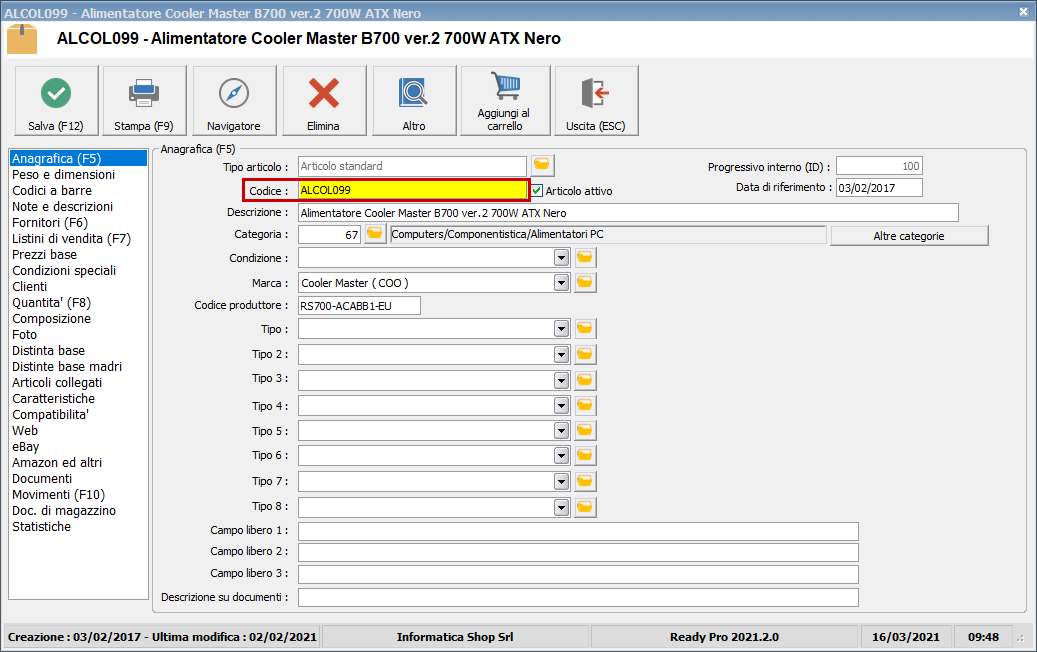 Codice articolo interno, codice fornitore e codice produttore - Ready Pro - Manuale utente