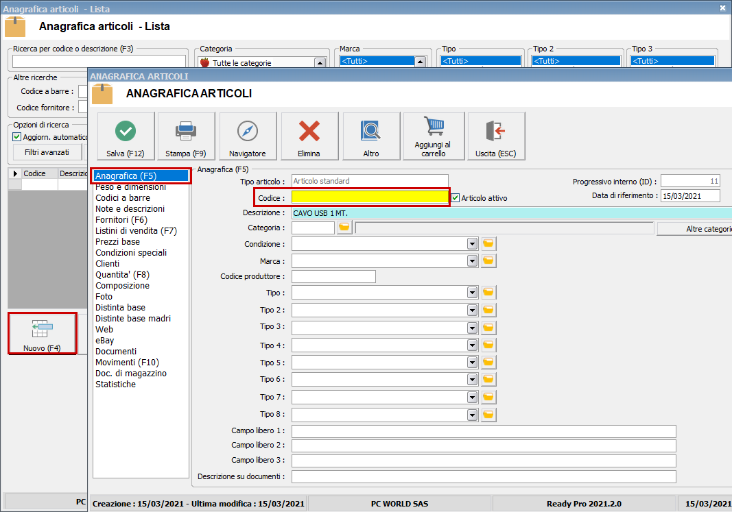 Codifica articoli - Ready Pro - Manuale utente