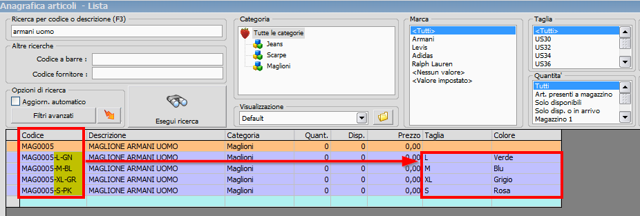 Codifica automatica delle varianti taglia/colore - Ready Pro - Manuale utente