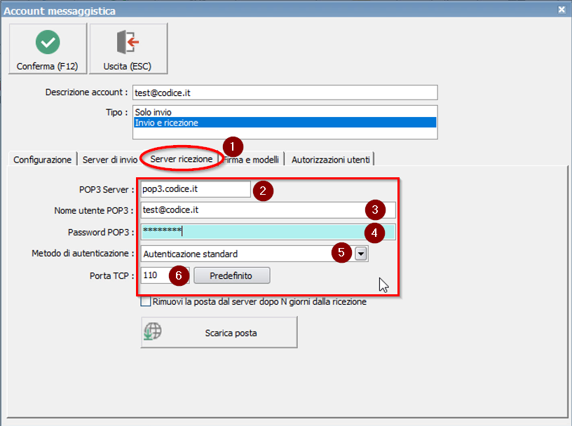 Configurare l'account di ricezione email - Ready Pro - Manuale utente