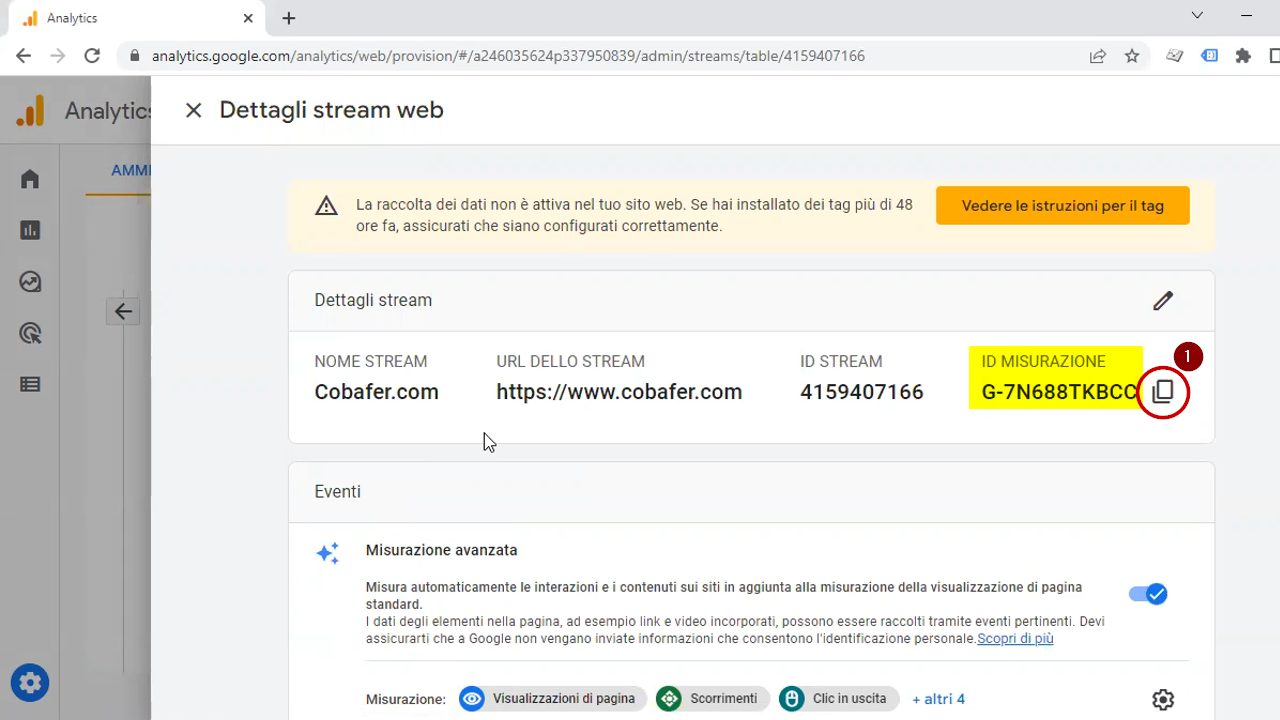 Configurazione codice di monitoraggio Google Analytics 4 - Ready Pro - Manuale utente