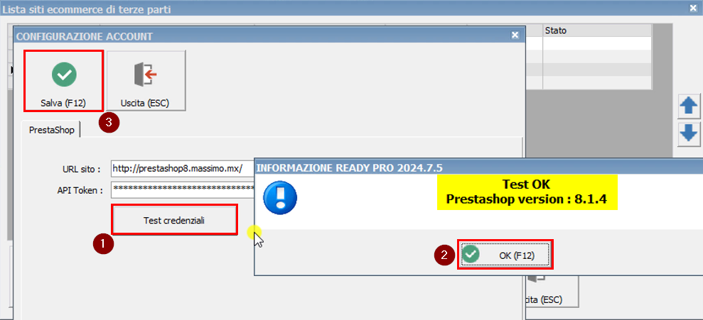 Configurazione credenziali plugin Prestashop API - Ready Pro - Manuale utente
