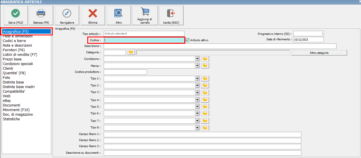 Creare una nuova anagrafica articolo - Ready Pro - Manuale utente
