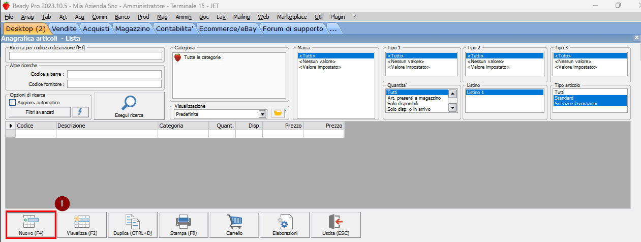 Creare una nuova anagrafica articolo - Ready Pro - Manuale utente