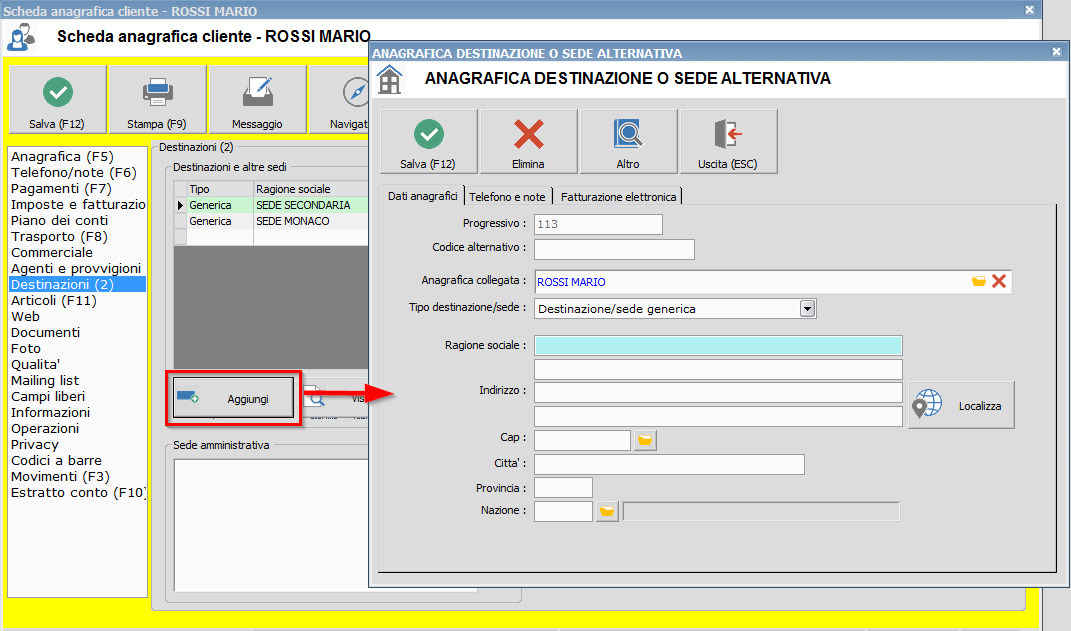 Destinazioni e sedi - Scheda anagrafica - Ready Pro - Manuale utente