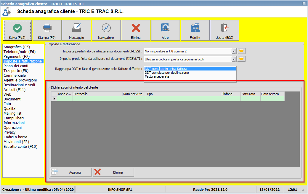 Dichiarazioni di intento ricevute dai clienti - Ready Pro - Manuale utente