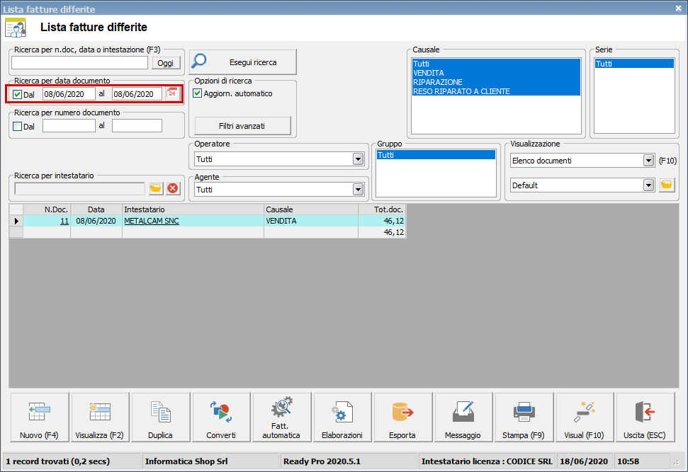Filtri di ricerca per data e periodo - Ready Pro - Manuale utente