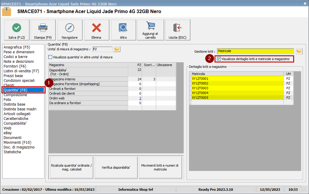 Gestire manualmente le matricole sui documenti di carico magazzino - Ready Pro - Manuale utente