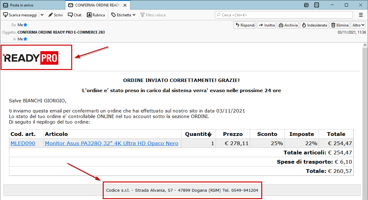 Intestazione e testo di chiusura delle email inviate dal sito ecommerce ...