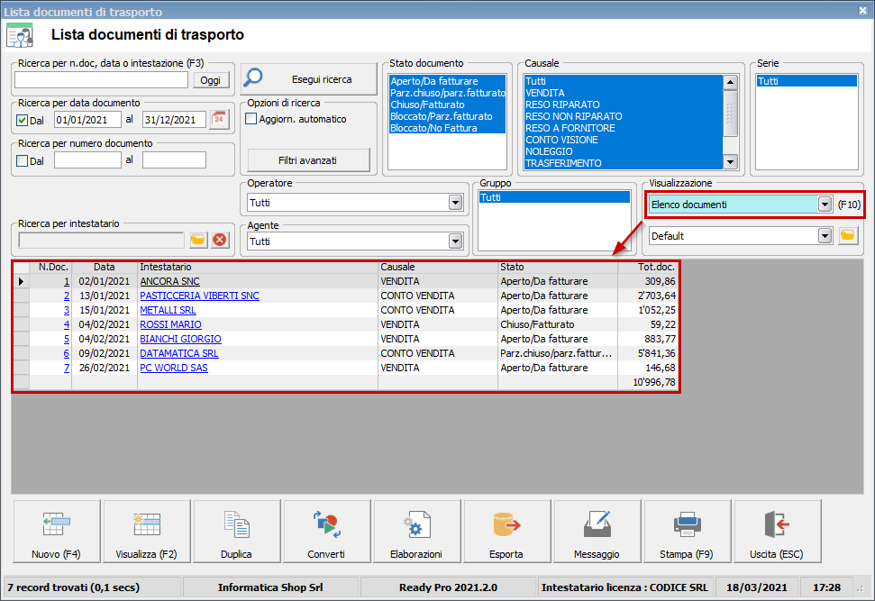 Lista documenti - Zona centrale - Ready Pro - Manuale utente