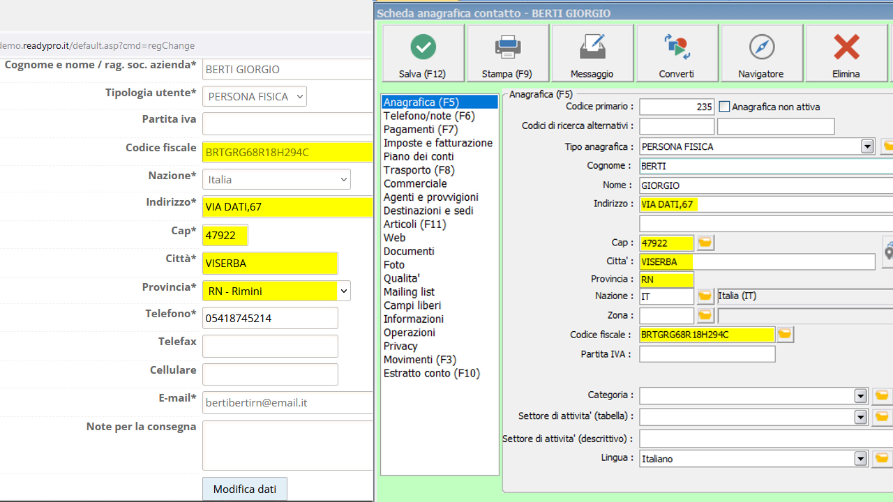 Modifica dell'anagrafica da parte dei clienti registrati - Ready Pro - Manuale utente