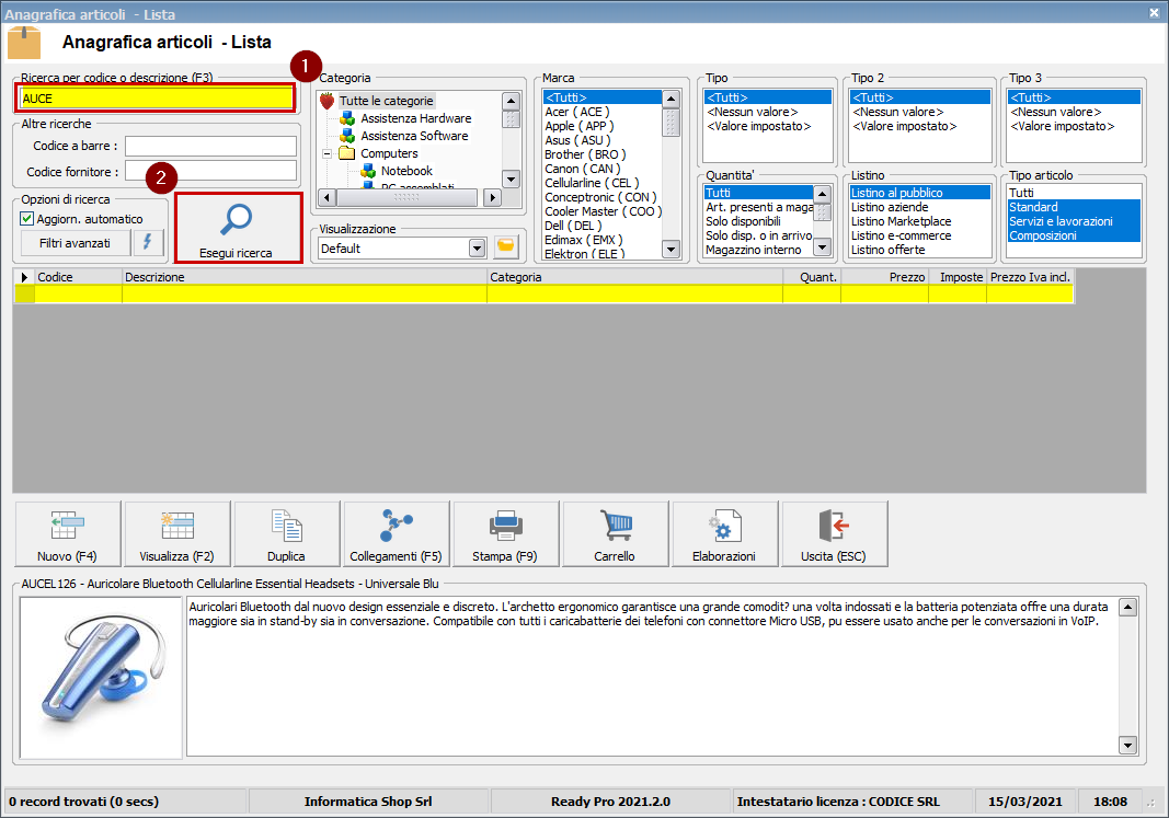 Ricerca articoli con codice simile o parziale - Ready Pro - Manuale utente