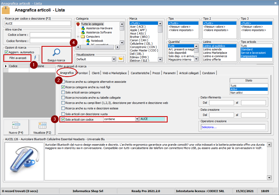 Ricerca articoli con codice simile o parziale - Ready Pro - Manuale utente