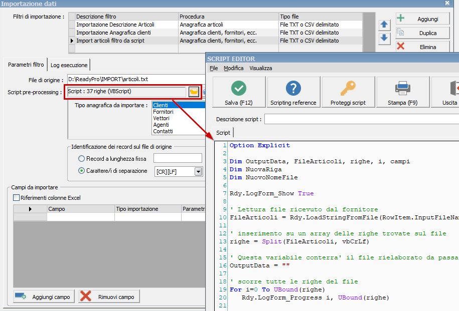 Script di pre-processing su importazione dati - Ready Pro - Manuale utente