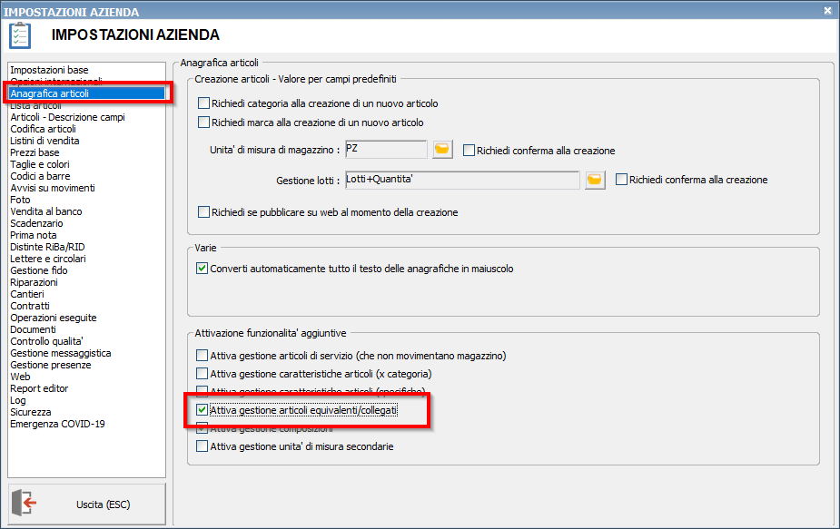 Tabella tipi collegamenti articoli - Ready Pro - Manuale utente
