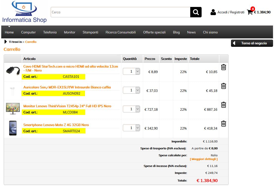 Visualizzare il codice articolo sul carrello ecommerce - Ready Pro ...